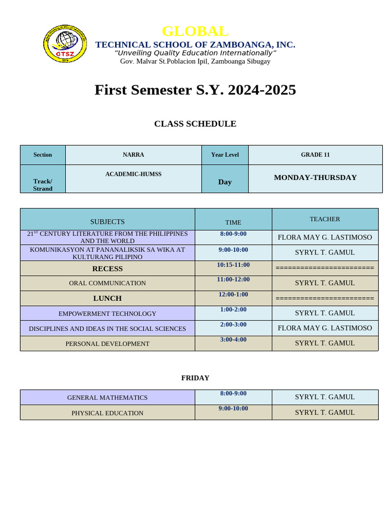 Class Schedule 2024-2025 | PDF