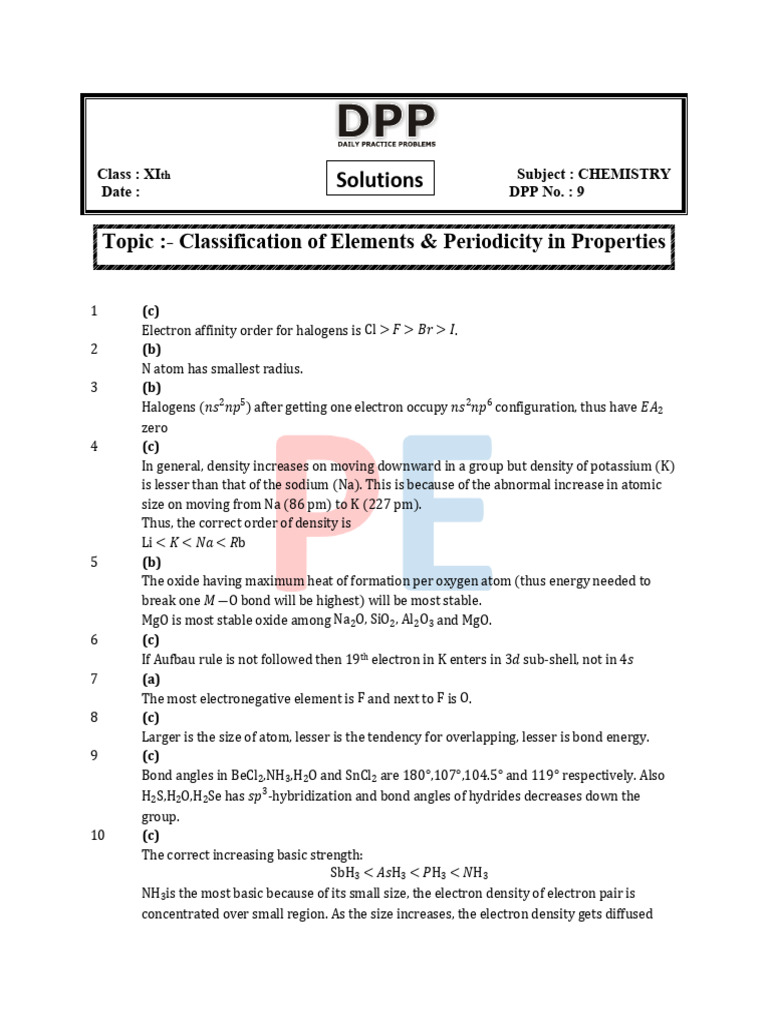 Classification of Elements and Periodicity in Properties DPP 9 Solutions | PDF | Chemical Bond ...