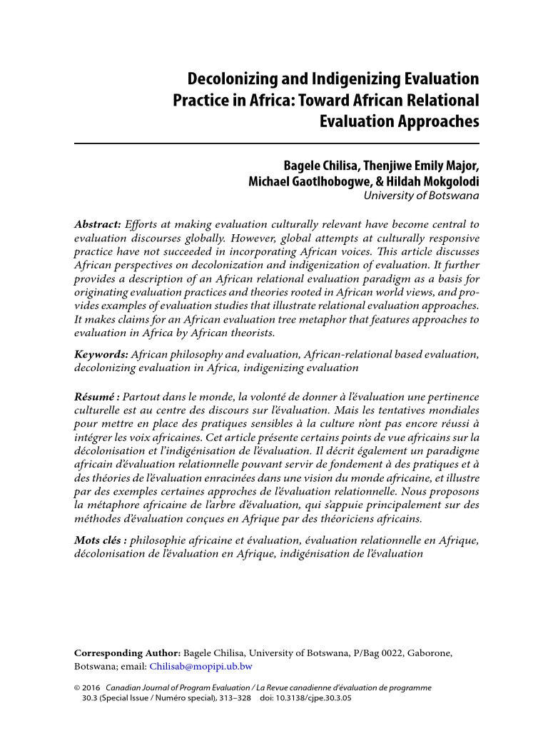 Chilisa Et Al 2023 Decolonizing and Indigenizing Evaluation Practice in Africa Toward African ...