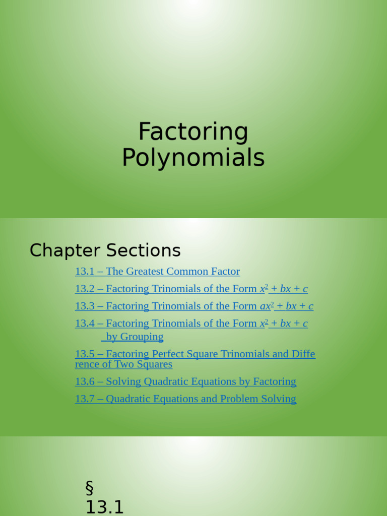 Factoring Polynomials Overview | PDF | Factorization | Quadratic Equation