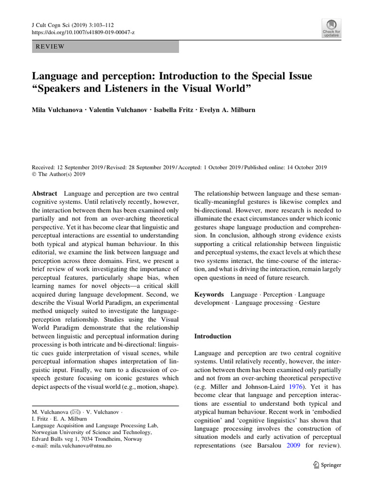Language and Perception: Introduction To The Special Issue Speakers and Listeners in The Visual ...