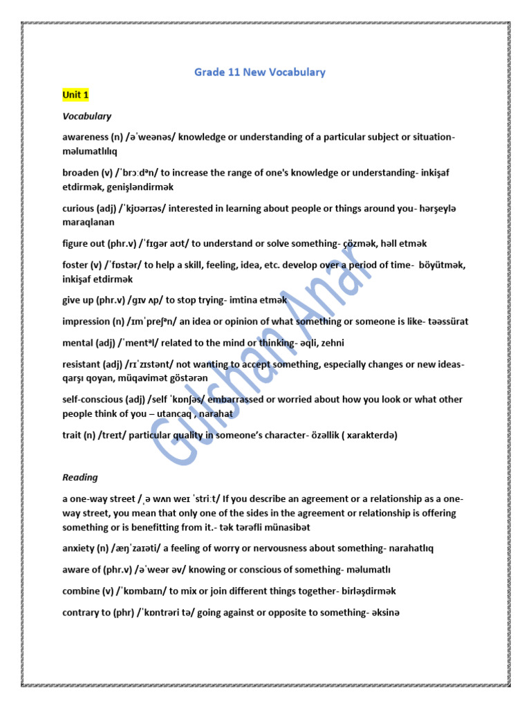Grade 11 New Vocabulary - Gulshan Anar | PDF | Extraversion And ...