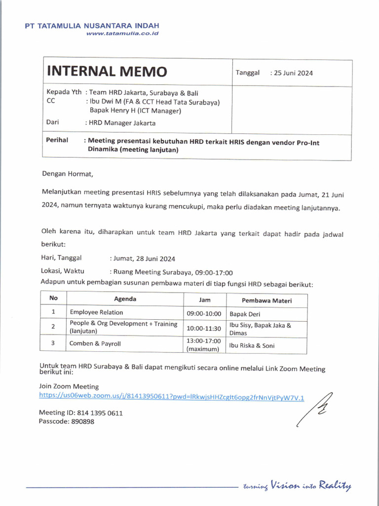 Internal Memo-Meeting Presentasi Kebutuhan HRD Terkait HRIS Dengan ...