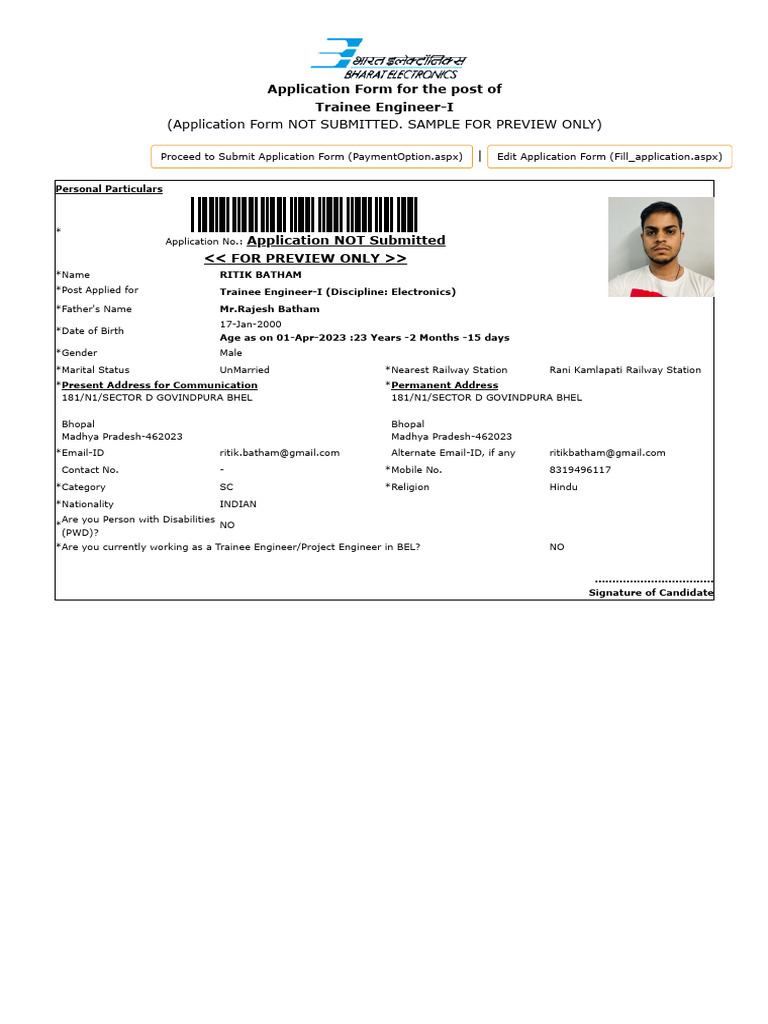 BEL SAMPLE Application 2023 | PDF