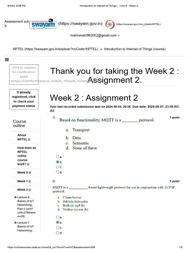 Introduction To Internet of Things - Unit 5 - Week 2 Answers | PDF