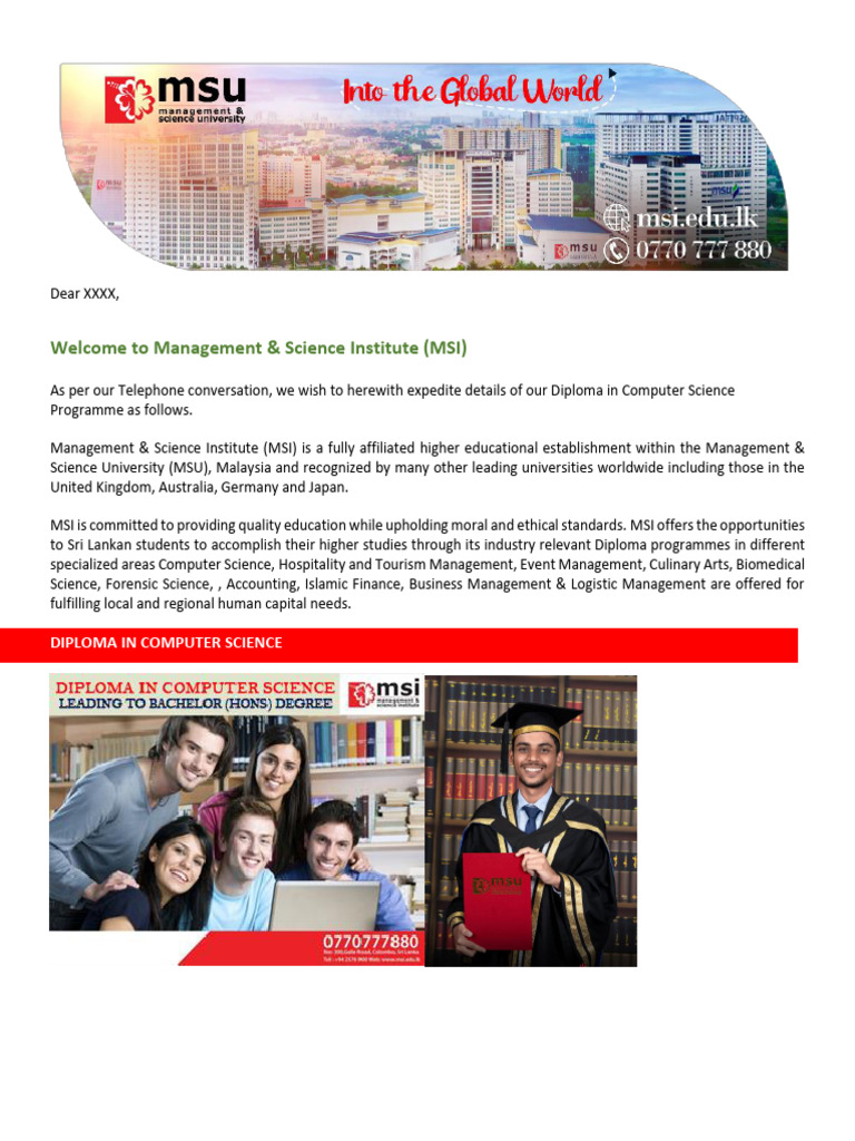 Welcome To Management & Science Institute (MSI) : Diploma in Computer Science | PDF