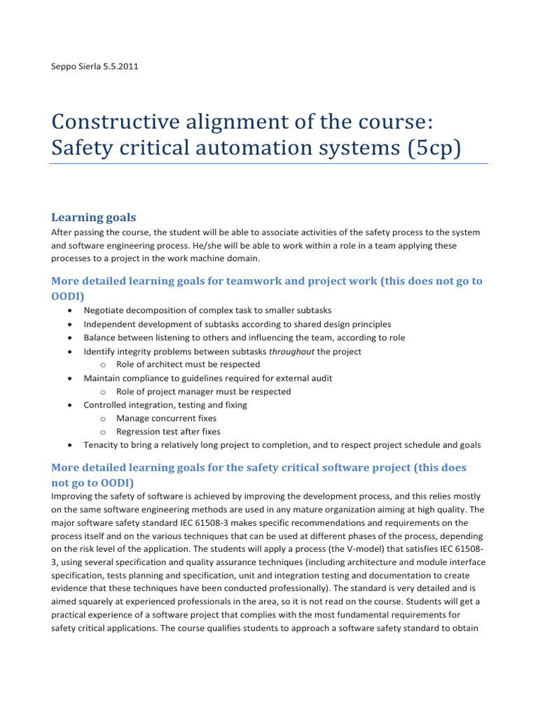 SafetyCriticalControlSystems CoursePlan | PDF