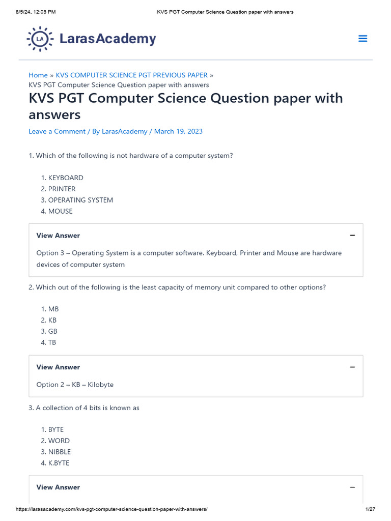 KVS PGT Computer Science Question Paper With Answers - PART - B - FULL | PDF