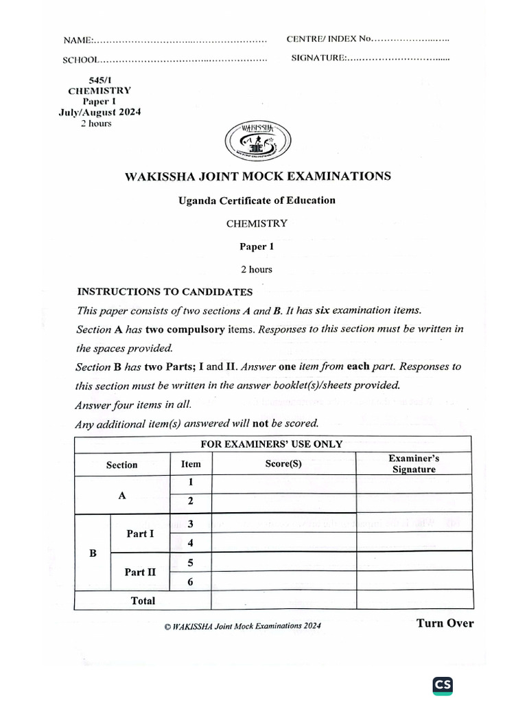 Chemistry Mock Wakisha 2024 | PDF