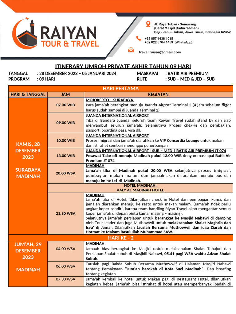 Itinerary Umroh Private Raiyan Travel 28 Desember 2023 by Batik | PDF