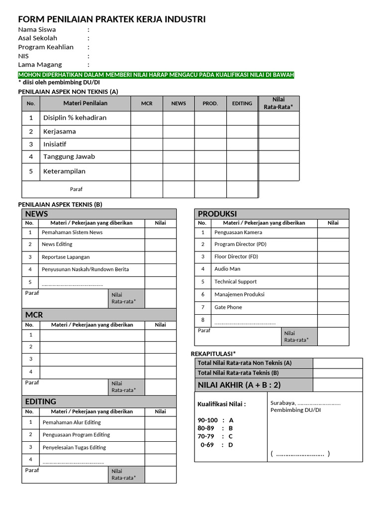 Form Penilaian Praktek Kerja Industri | PDF