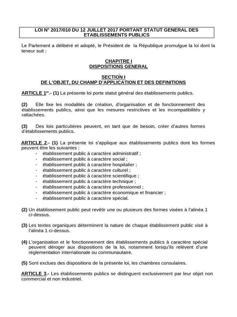 Loi #2017 010 Du 12 Juillet 2017 Portant Statut Général Des ...