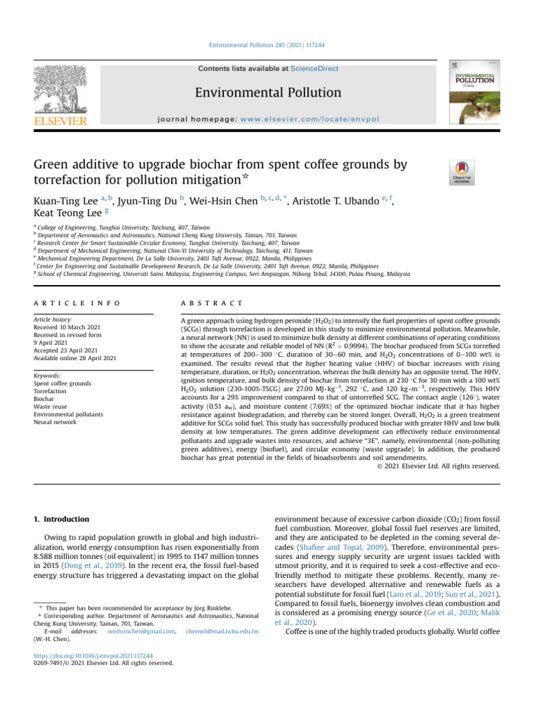 Green additive to upgrade biochar from spent coffee grounds by ...