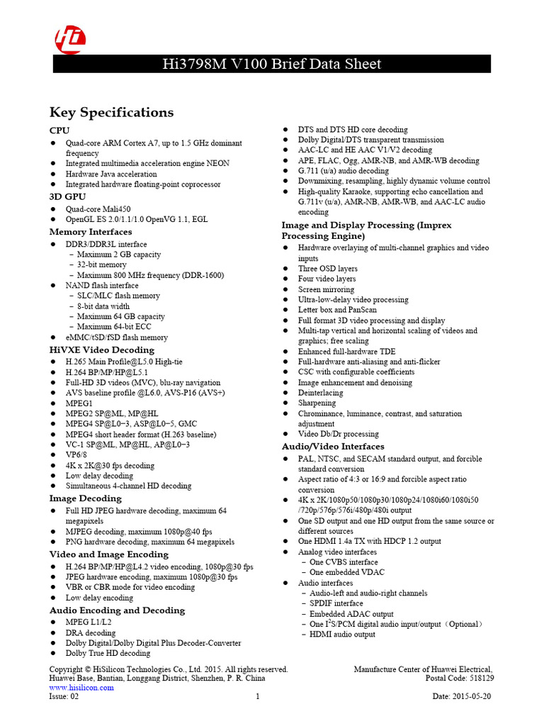 Gid1098Pdf - Hi3798M V100 Brief Data Sheet | PDF