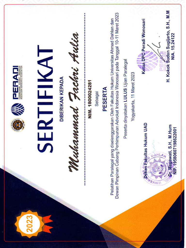 SERTIFIKAT PERADI MUHAMMAD FACHRI AULIA | PDF