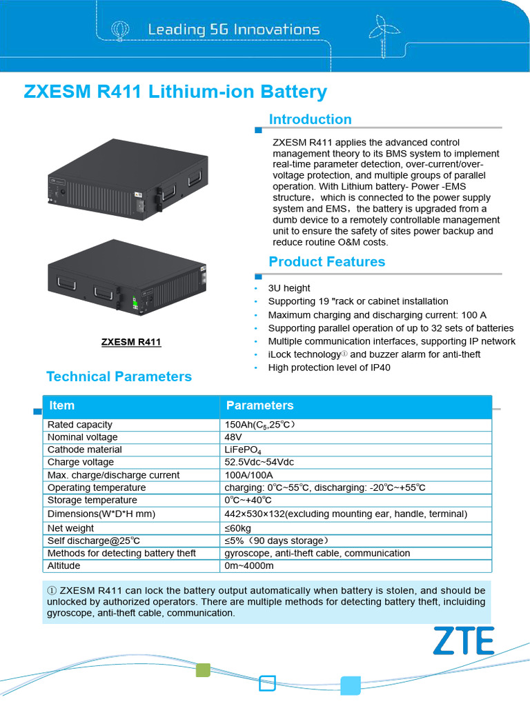 Data sheet - ZXESM R411 Lithium-ion Battery V2.0_20240410 | PDF