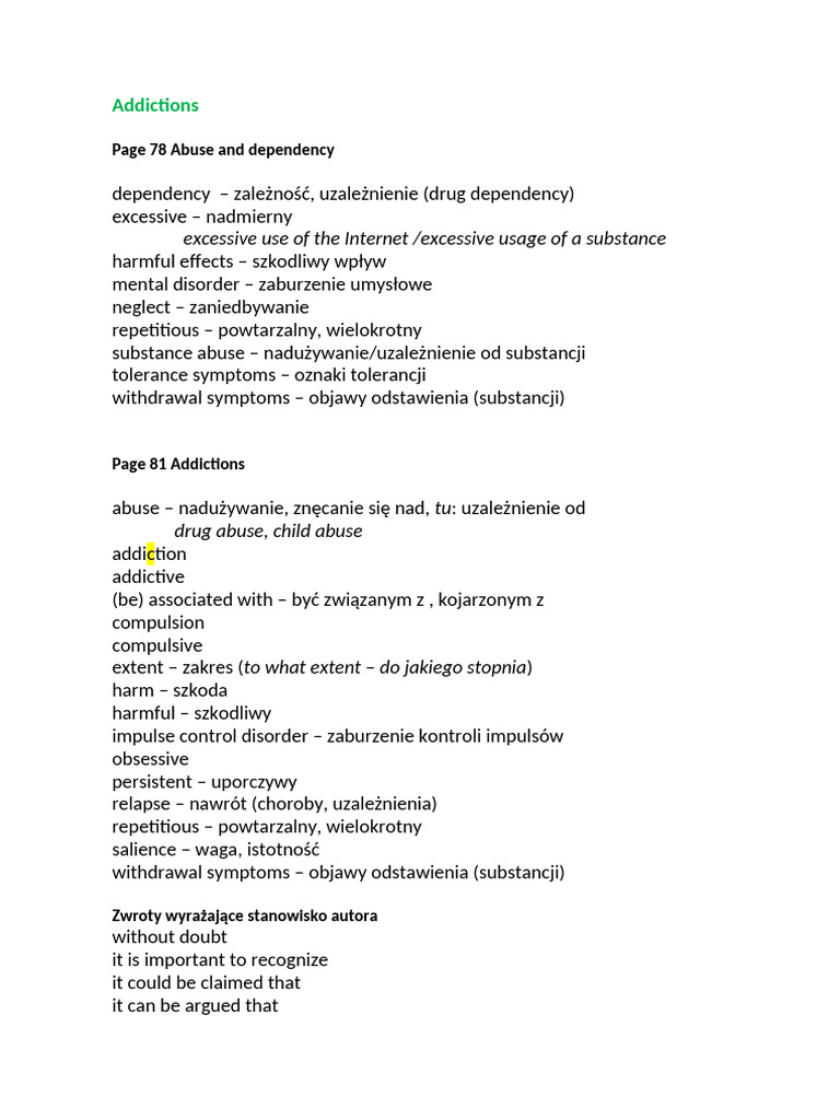 Addictions - Vocabulary and Phrases | PDF