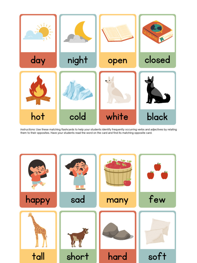 Opposites Matching Flashcards in Multicolor Playful Style | PDF