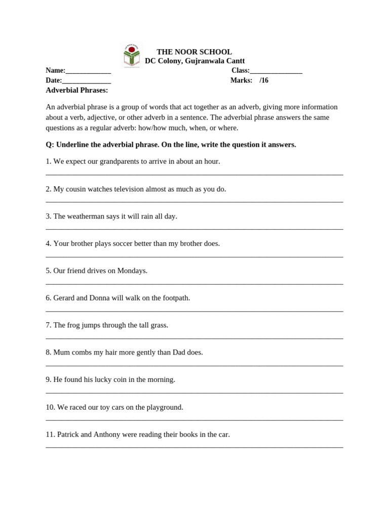 Wrok Sheet of Adverb Phrase | PDF | Adverb | Verb