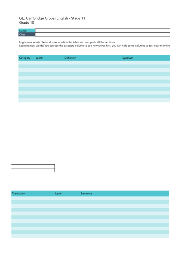Grade 10 - Vocabulary Log Template - XLSX - Vocab Log | PDF