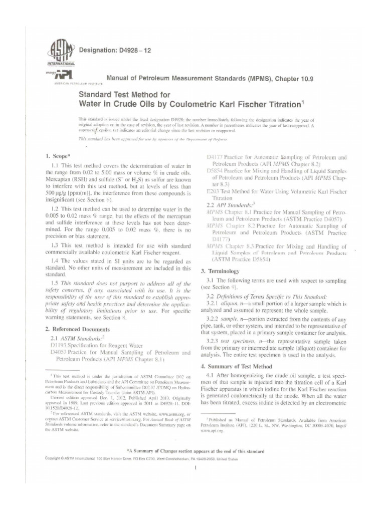 ASTM D4928-12 Water in Crude Oils by Coulometric Karl Fischer Titration | PDF
