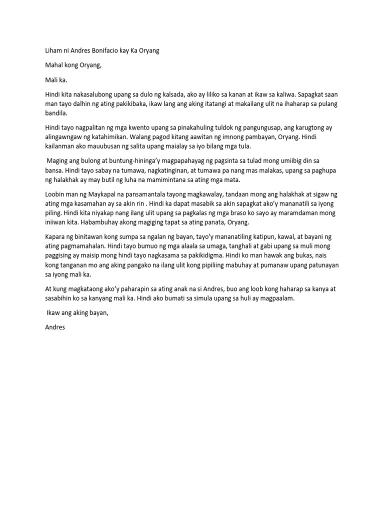 Liham Ni Andres Bonifacio Kay Ka Oryang | PDF