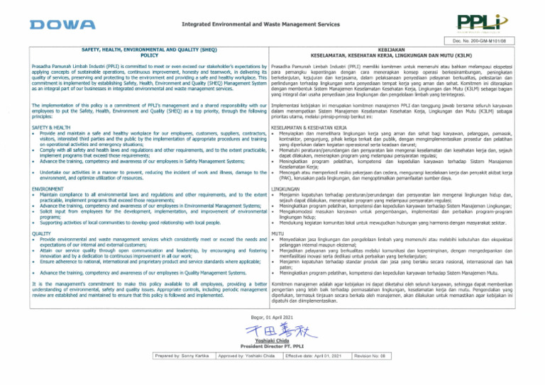 200-GM-M101-08 SHEQ Policy 2021 | PDF