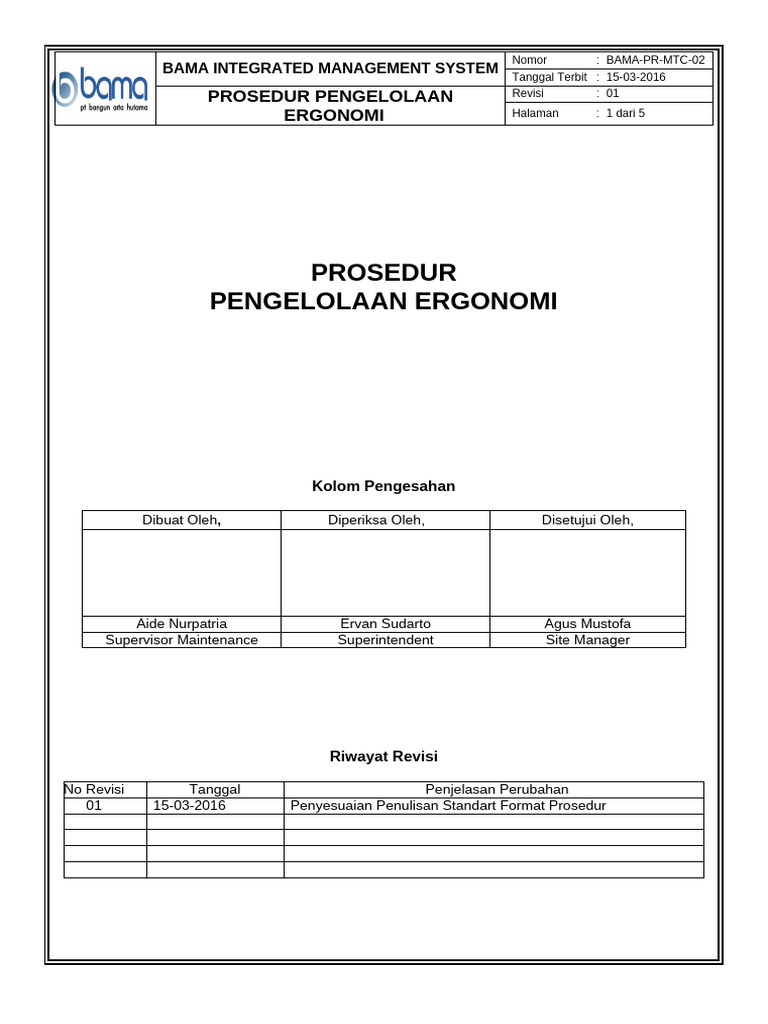 BAMA-PR-MTC-02 - 00 Prosedur Pengelolaan Ergonomi | PDF