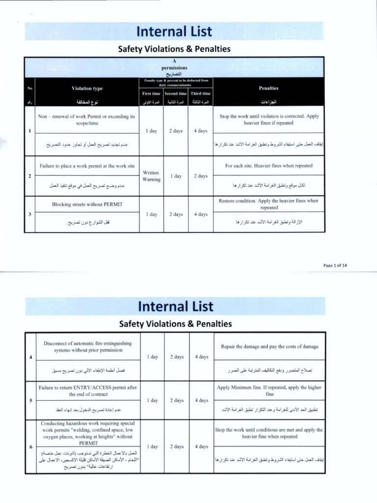 Internal List - Safety Violation | PDF