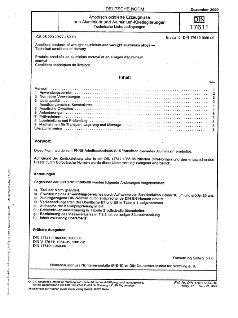DIN 17611 Anodisch Oxidierte Erzeugnisse Aus AL Und AL Knetlegierungen ...