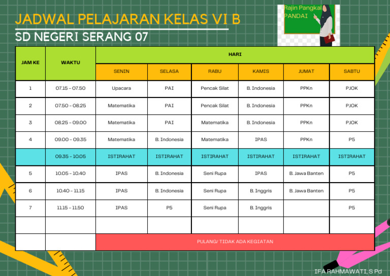 Hijau Bergaris Tabel Jadwal Pelajaran Sekolah Dasar Kelas VI - 20240726 - 000432 - 0000 | PDF