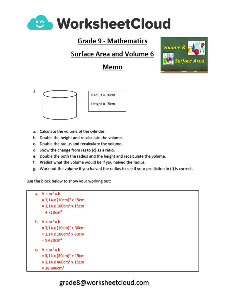 WSC GR9 Maths Surface Area and Volume6 Memo | PDF
