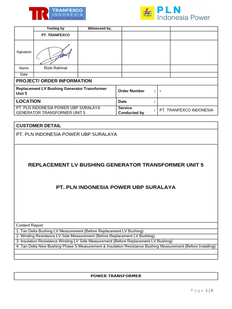 Report Test Trafo Project Replacement LV Bushing Suralaya Unit 5 | PDF ...