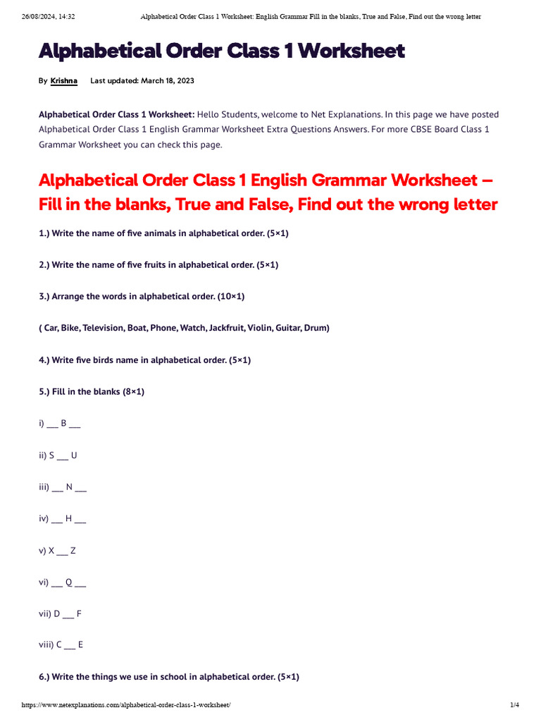 Alphabetical Order Class 1 Worksheet - English Grammar Fill in The Blanks, True and False, Find ...
