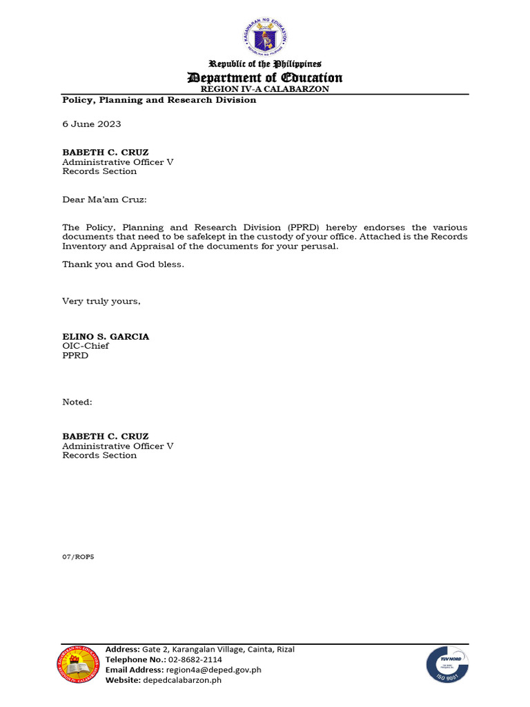 Transmittal Letter Records Section | PDF