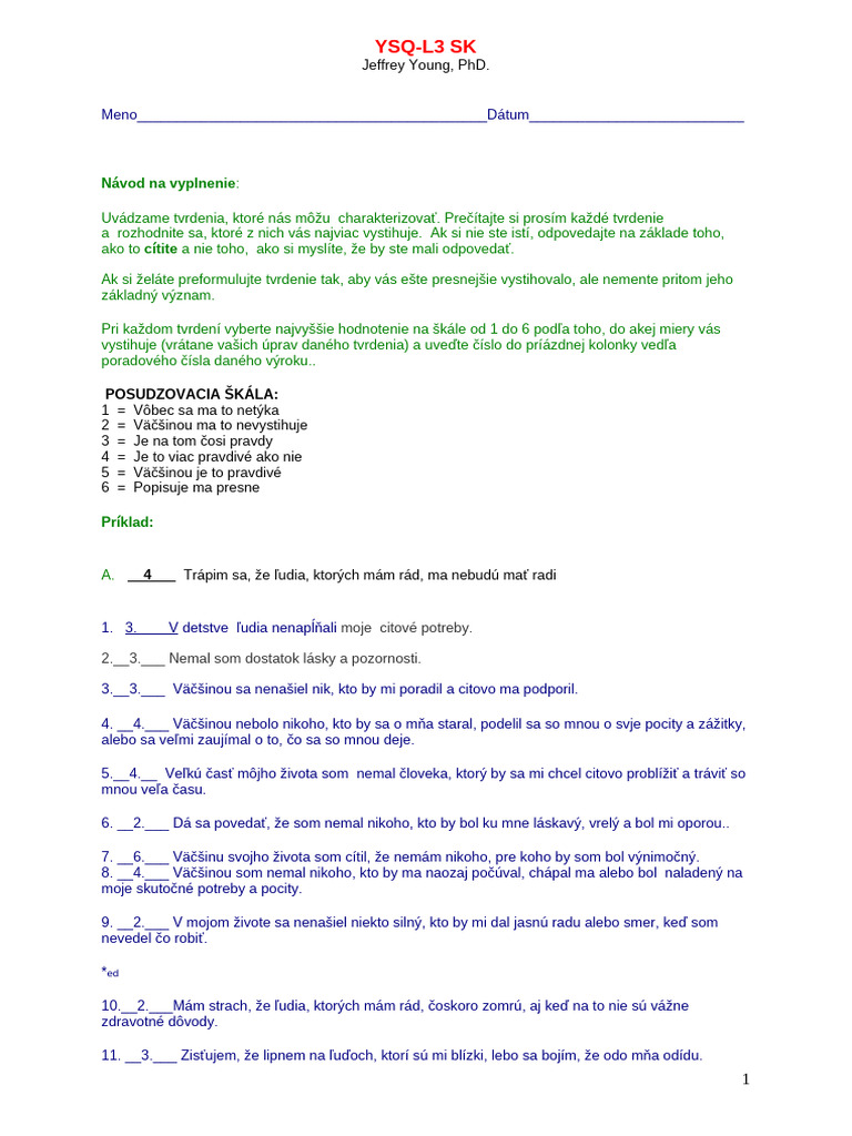 Dotazník SK YSQ - L3 Slov OPRAVENÝ 2018 | PDF