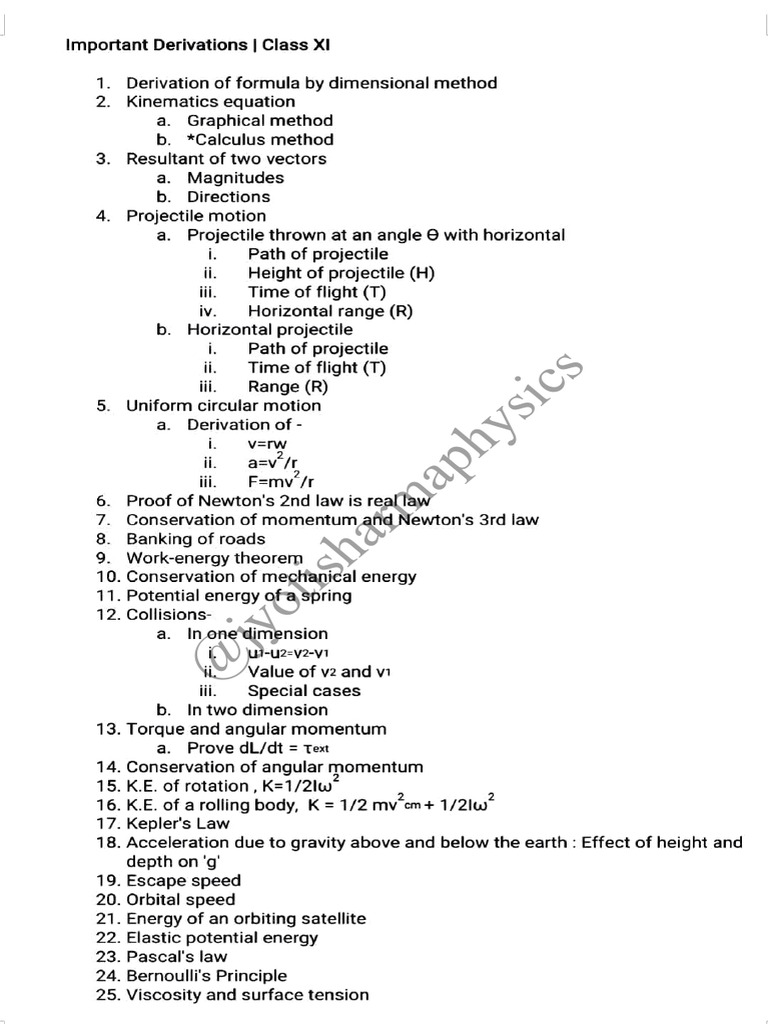 Class 11th Physics Derivations | PDF