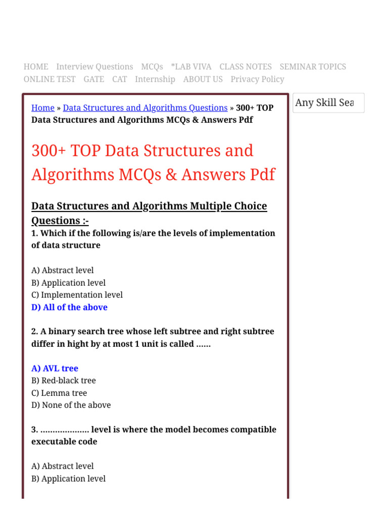 300+ TOP Data Structures and Algorithms MCQs & Answers PDF 2022 | PDF