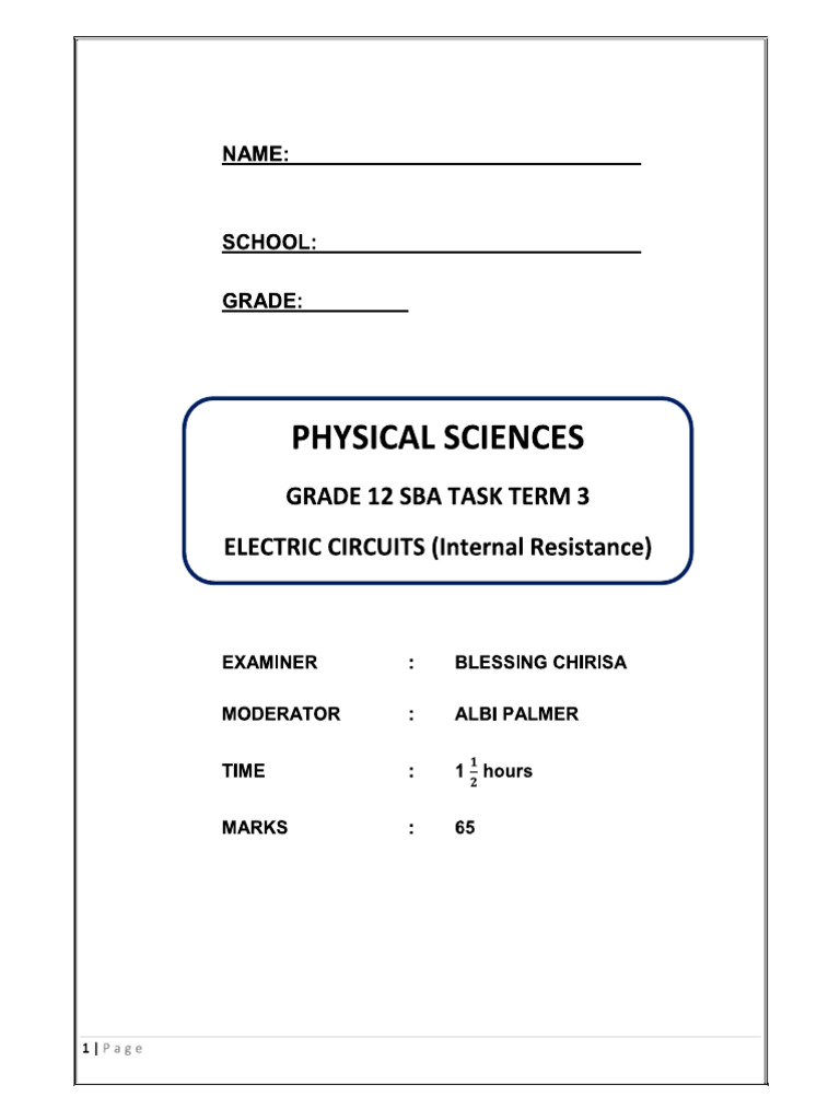 Grade 12 SBA TEST Term 3 - ELECTRIC CIRCUITS | PDF