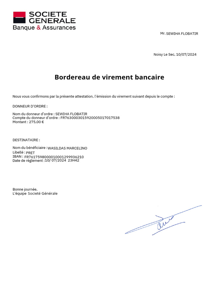 Attestation Virement Marcelino | PDF
