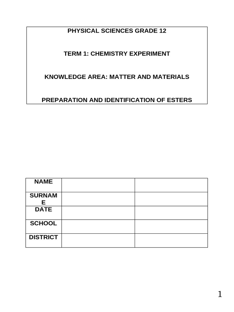 Grade 12 Physical Science Experiment PREPARATION OF ESTERS (Test) | PDF ...