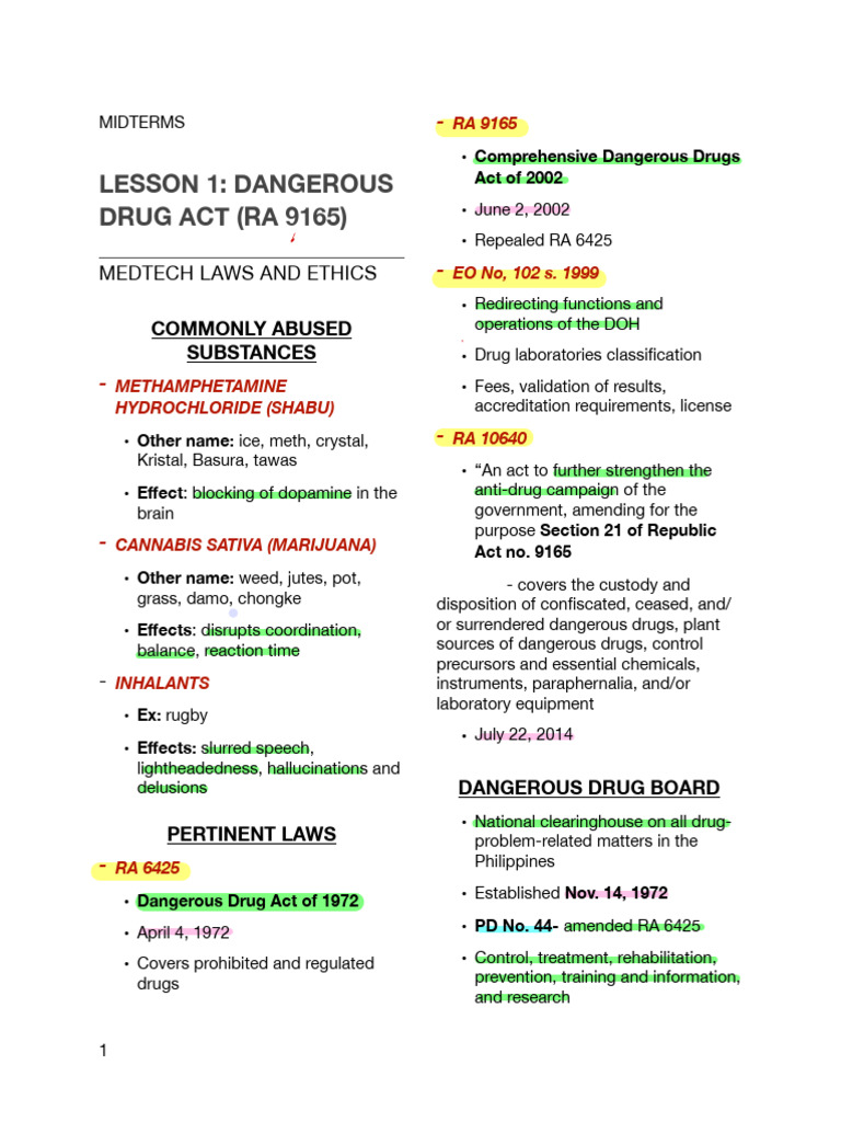 Lesson 1: Dangerous DRUG ACT (RA 9165) : Medtech Laws and Ethics | PDF