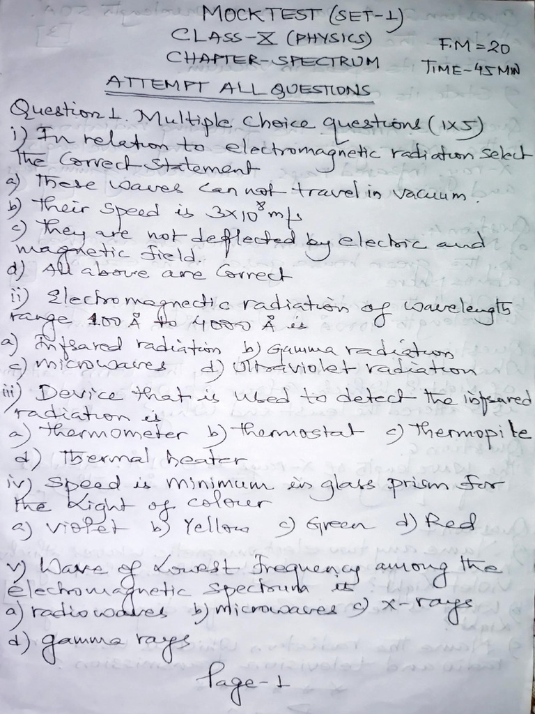MOCK TEST Question Paper, Chapter - SPECTRUM, Class-X Physics | PDF