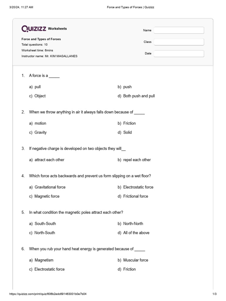 Force and Types of Forces - Quizizz | PDF
