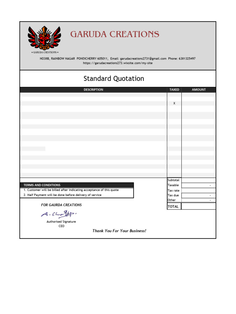 GARUDA CREATIONS STANDARD QUOTATIONS | PDF