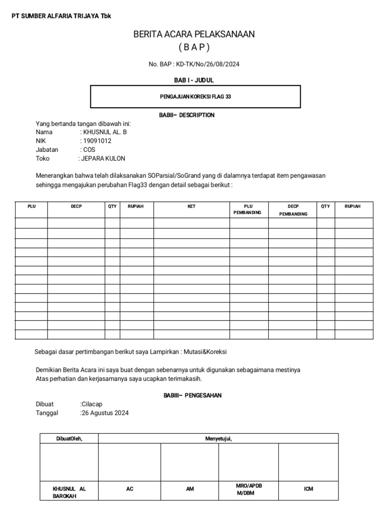 Berita Acara Pelaksanaan (BAP) : Babii - Description | PDF