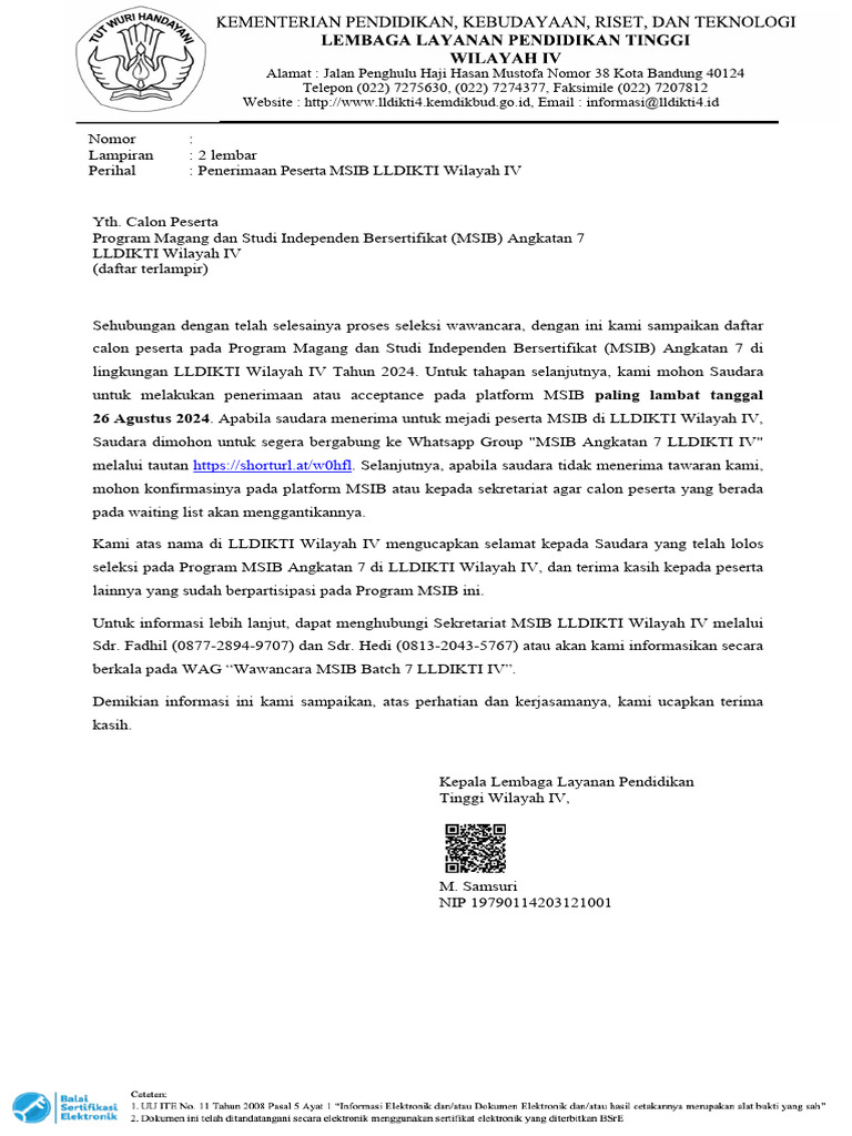 Penerimaan Peserta MSIB LLDIKTI Wilayah IV Angkatan 7 | PDF