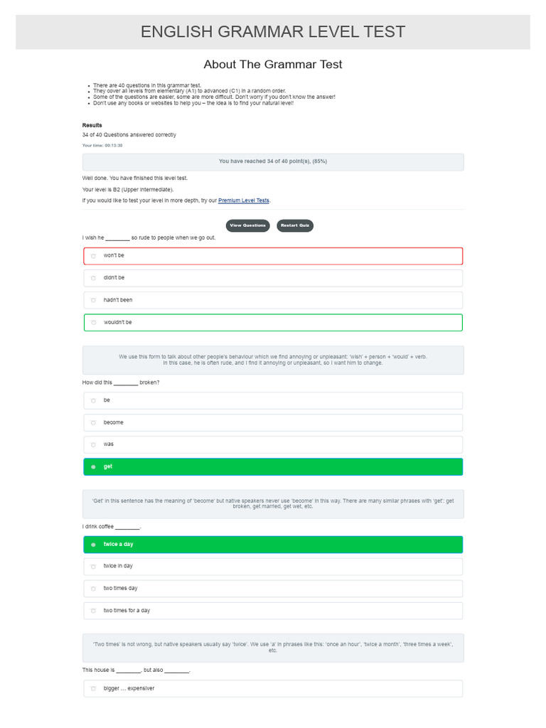 English Grammar Level Test - Oxford Online English | PDF
