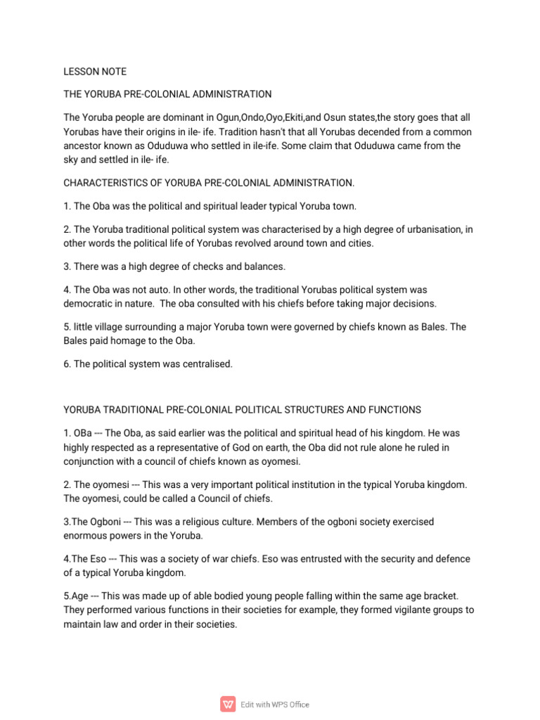 Yoruba Pre-Colonial Governance Overview | PDF