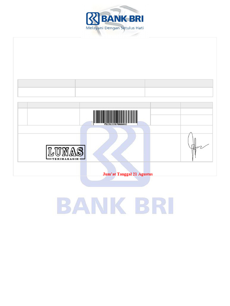 Slip Bank Bri Pembayaran JP - Kegiatan Tambahan-22 Agustus 2024-Bank Bri | PDF